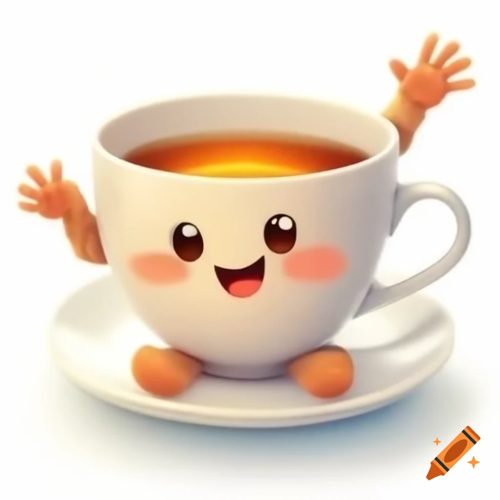 Animated smiling tea cup with waving hands on white background on Craiyon