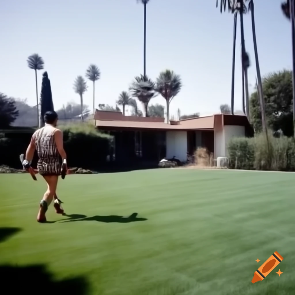 Elvis as a gladiator mowing lawn in 1950s los angeles with palm trees ...