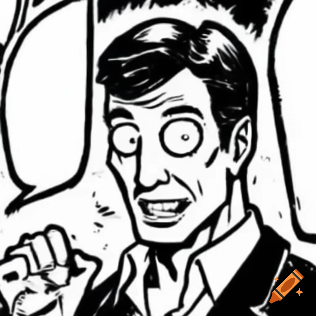 Evil Ted character in scratchy black and white comic-book style on Craiyon