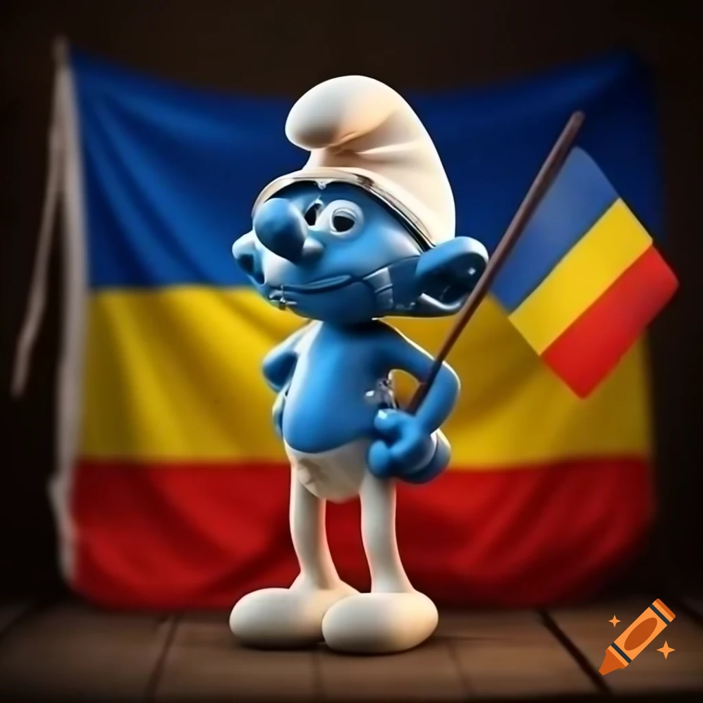 Smurf holding Romania flag in traditional Romanian clothing on Craiyon