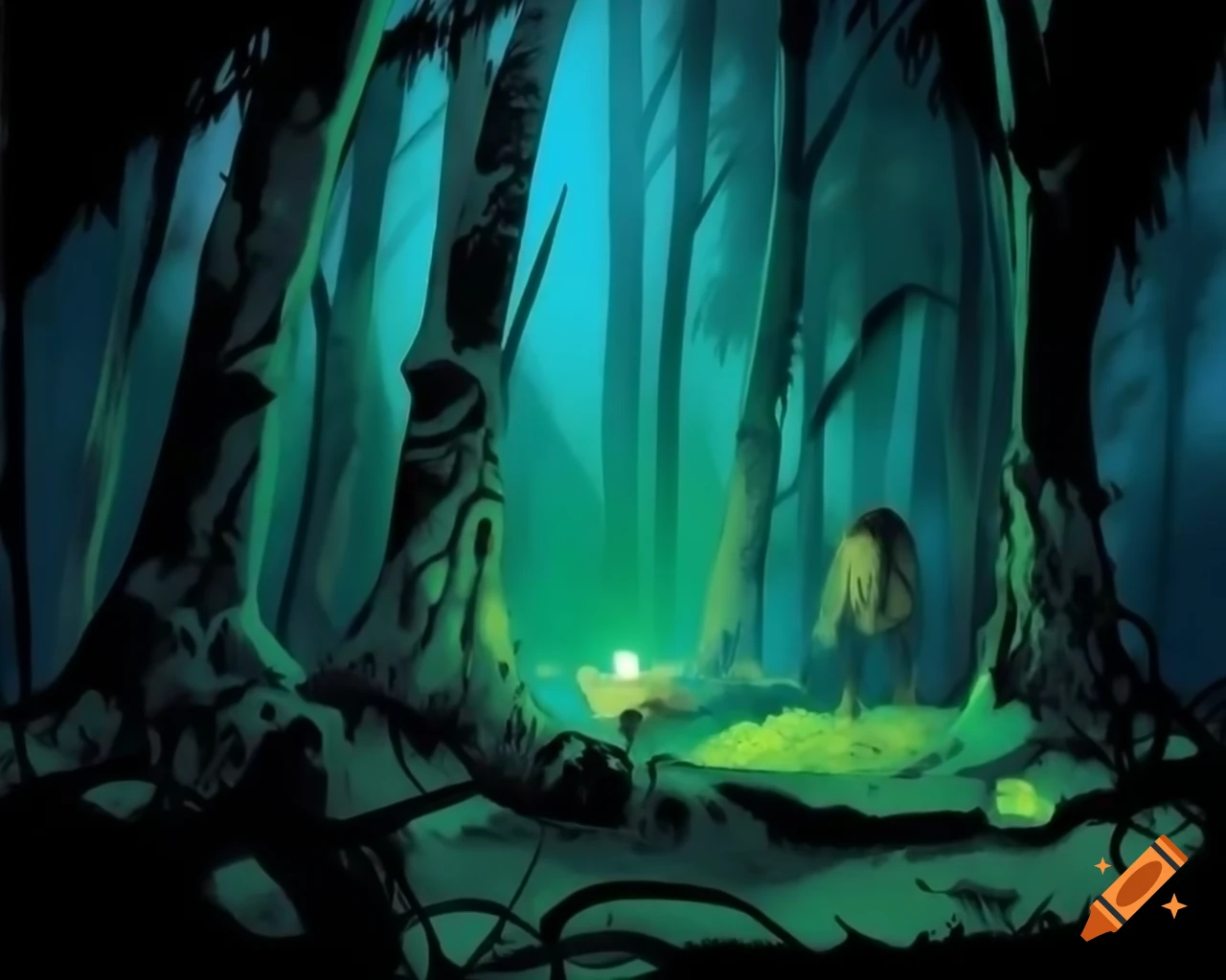 Cinematic nighttime forest scene with moonlight and mysterious fog on ...