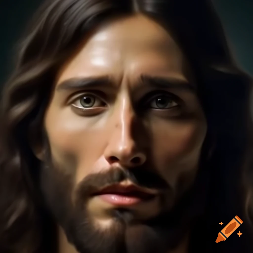 Lifelike depiction of Jesus Christ gazing into the camera, evoking serenity on Craiyon