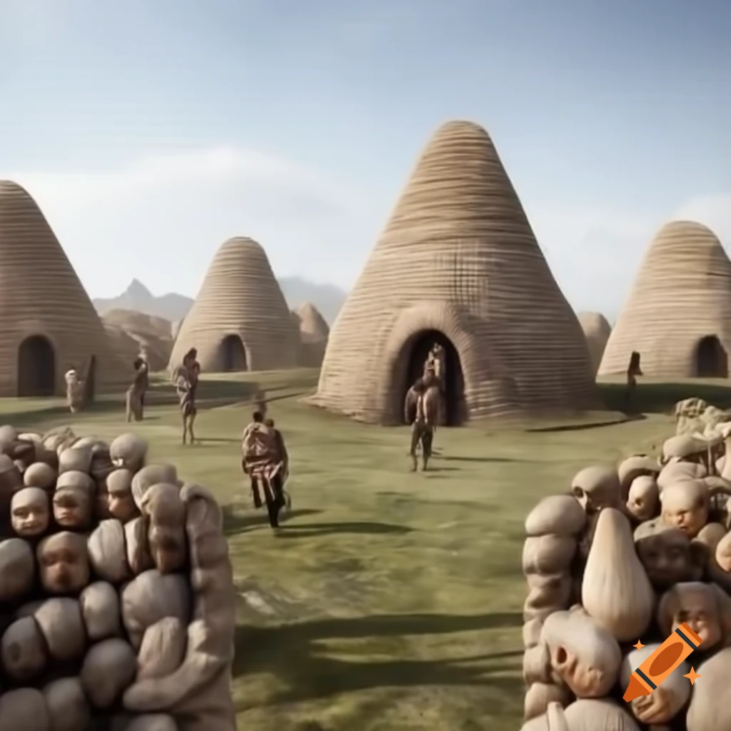 Bustling village of dome-shaped beehive huts on limestone, stone age ...