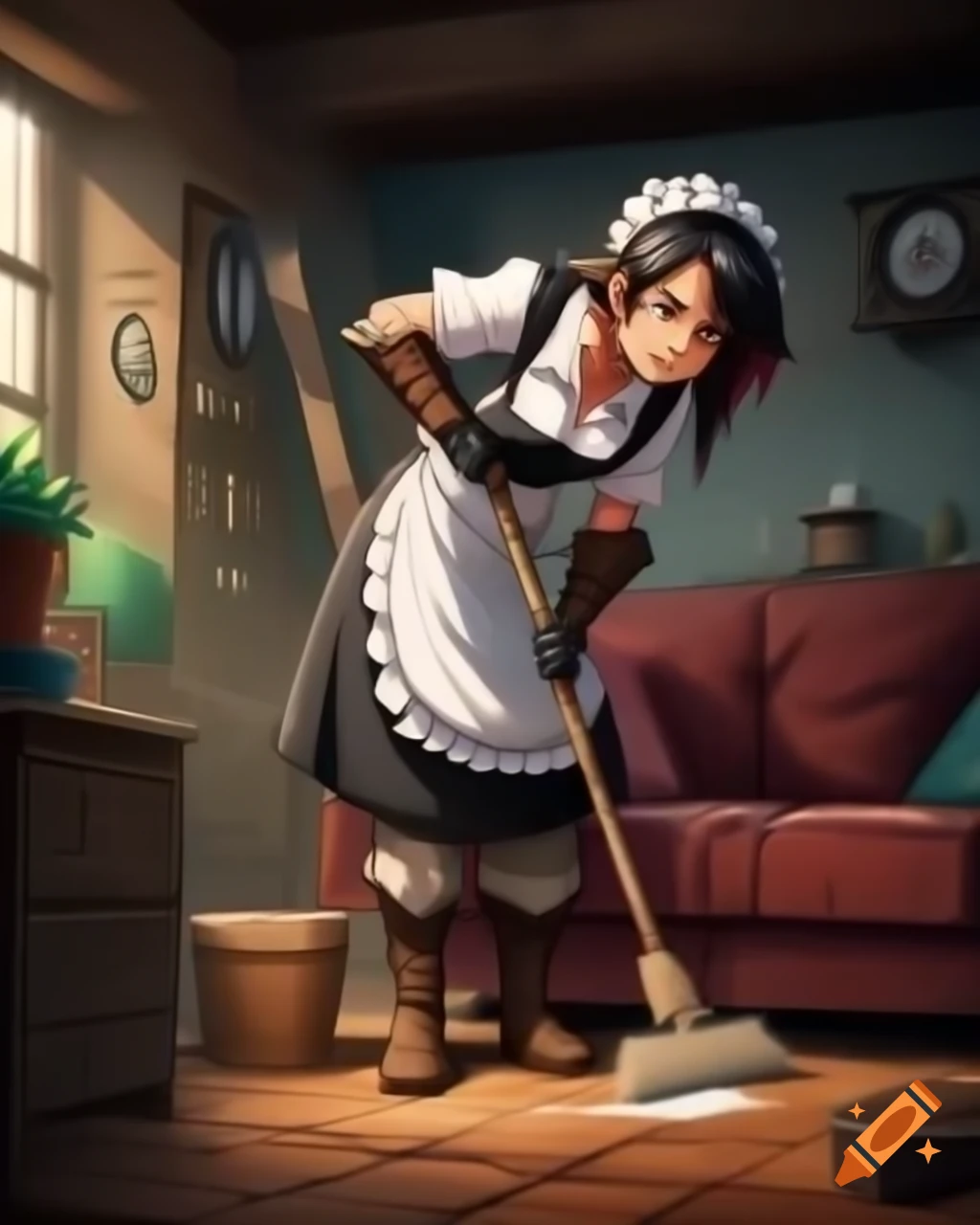 Anime barbarian maid cleaning rustic living room on Craiyon
