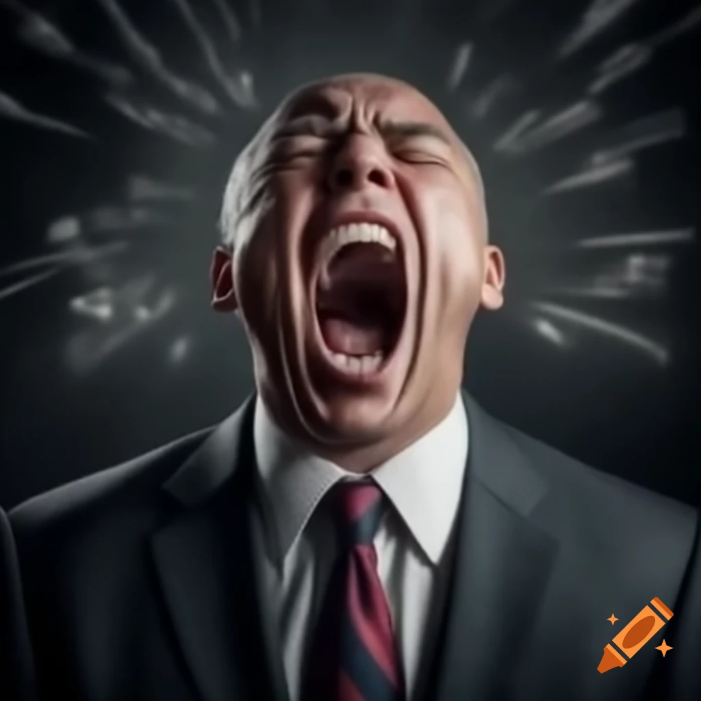Eerily long-jawed businessman screaming with intense expression on Craiyon