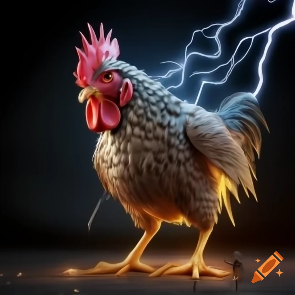 Metal chicken creature being struck by lightning in electrifying scene ...