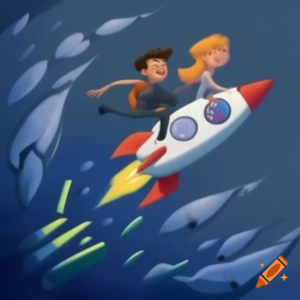 Couple riding rocket ship through space in psychedelic adventure on Craiyon