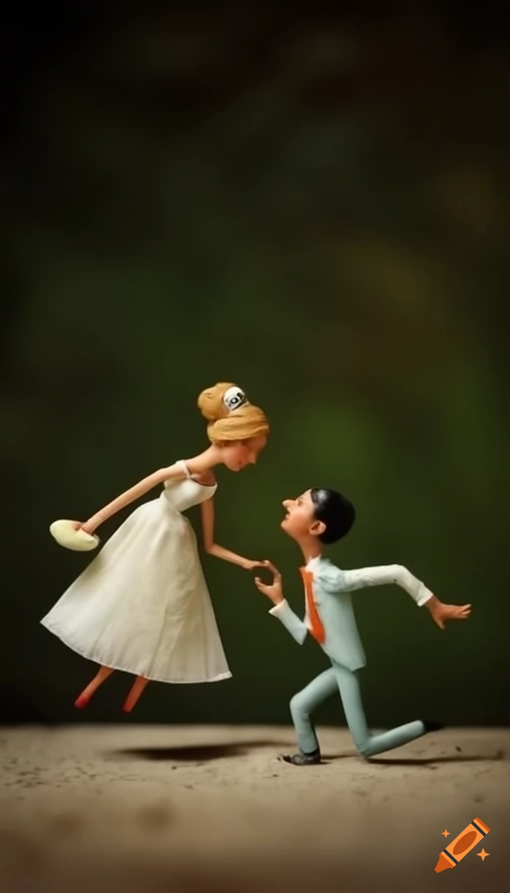 Miniature groom running from wedding cake while bride holds dough ...