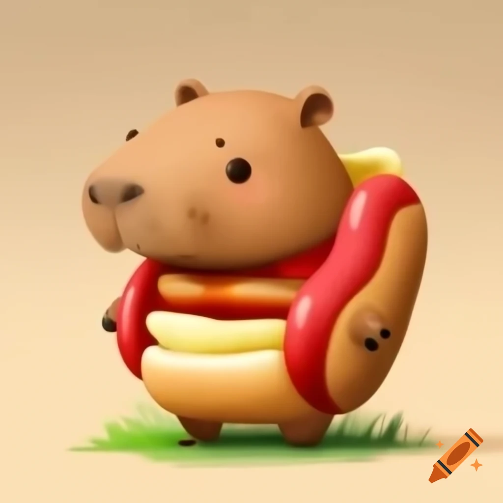Chibi capybara in hotdog costume, playful and adorable on Craiyon