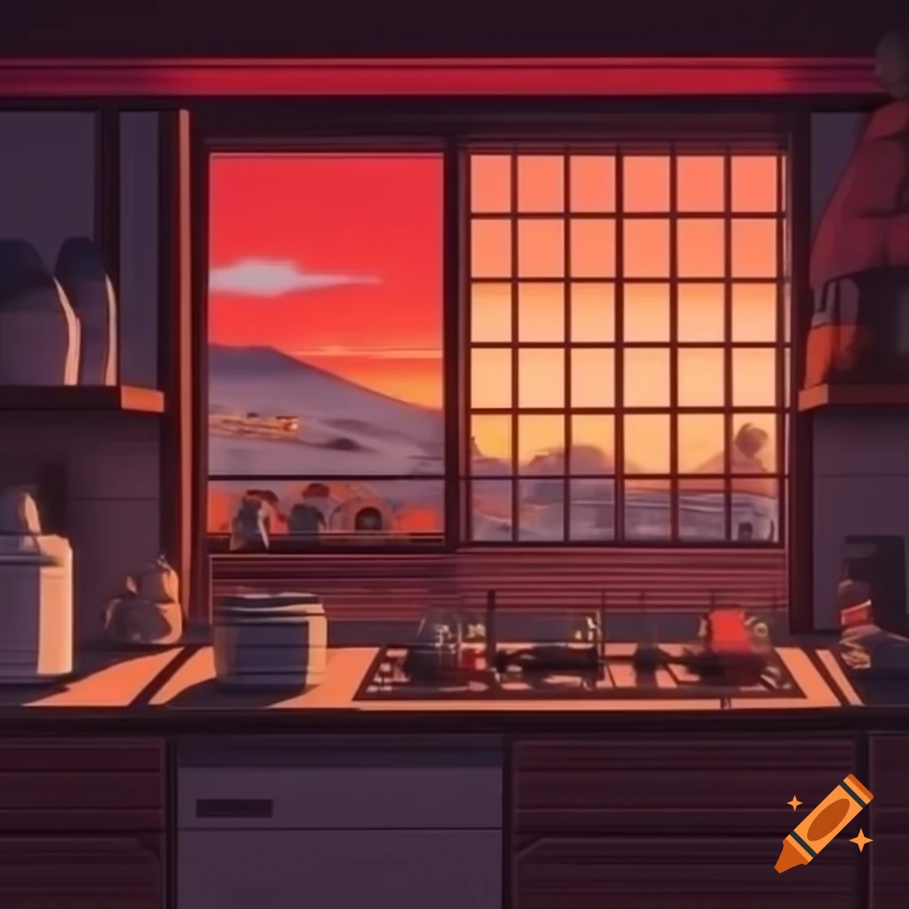 Cozy Japanese kitchen in anime style with warm colors and sunset view ...