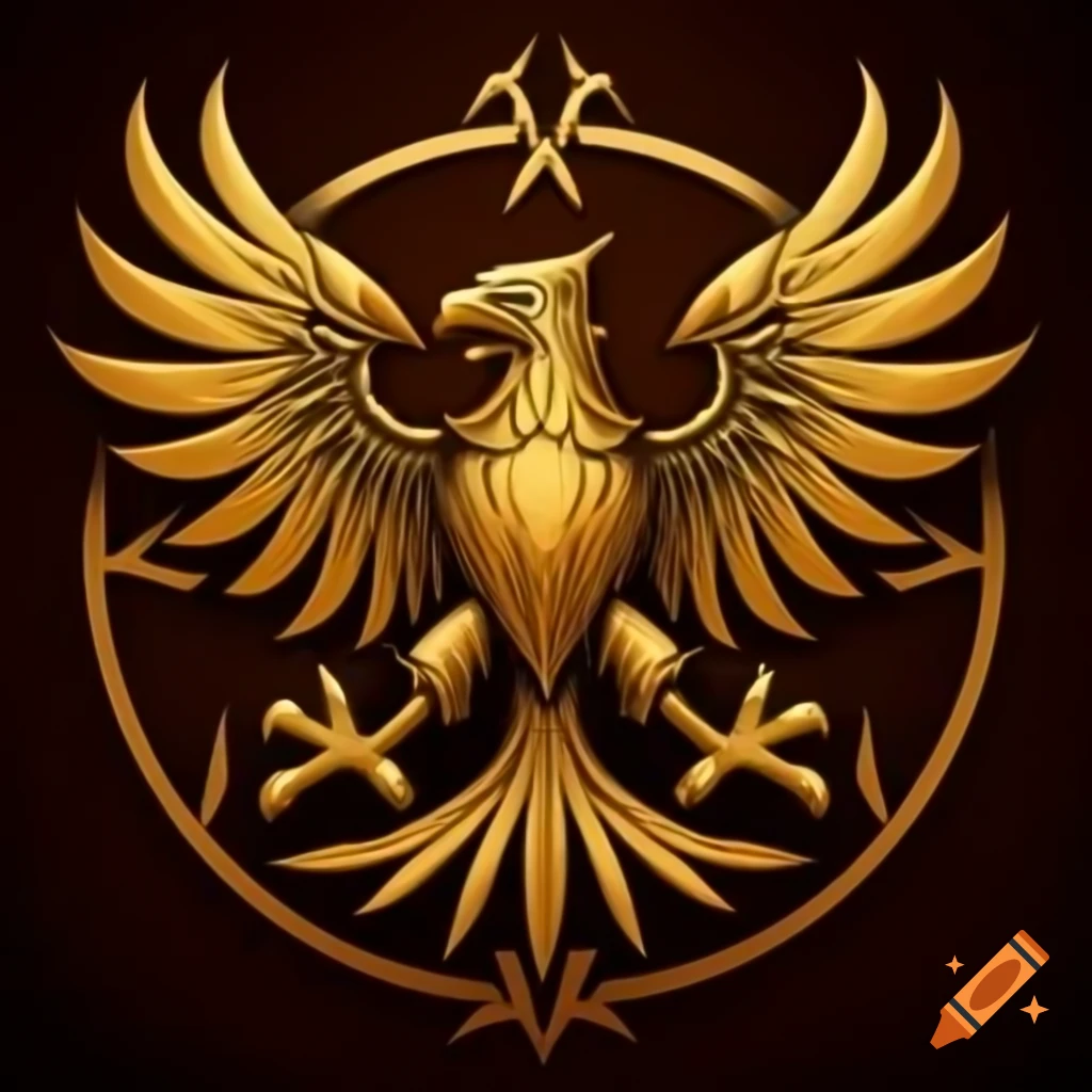 Medieval heraldic sigil of golden eagle with spread wings on brown ...