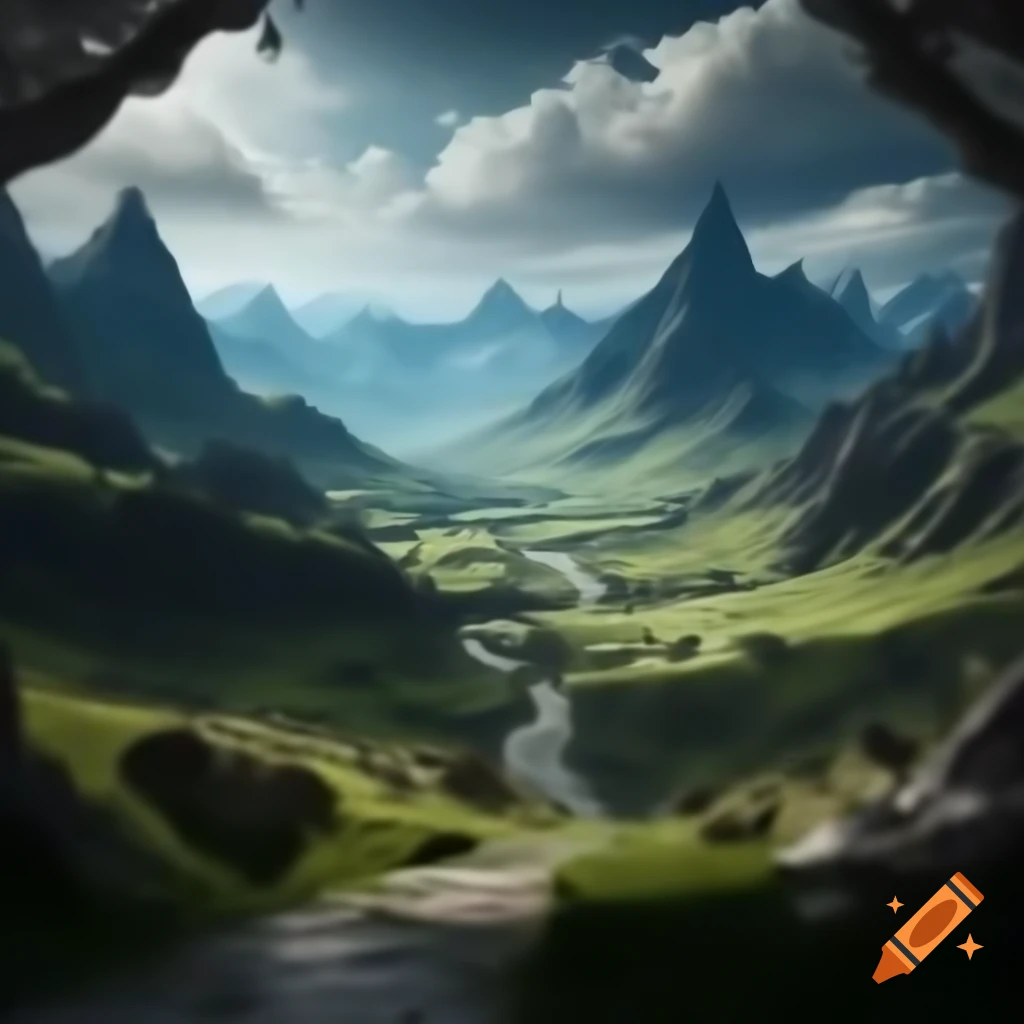 Overview of earthfast mountains in impiltur, medieval dnd style on Craiyon