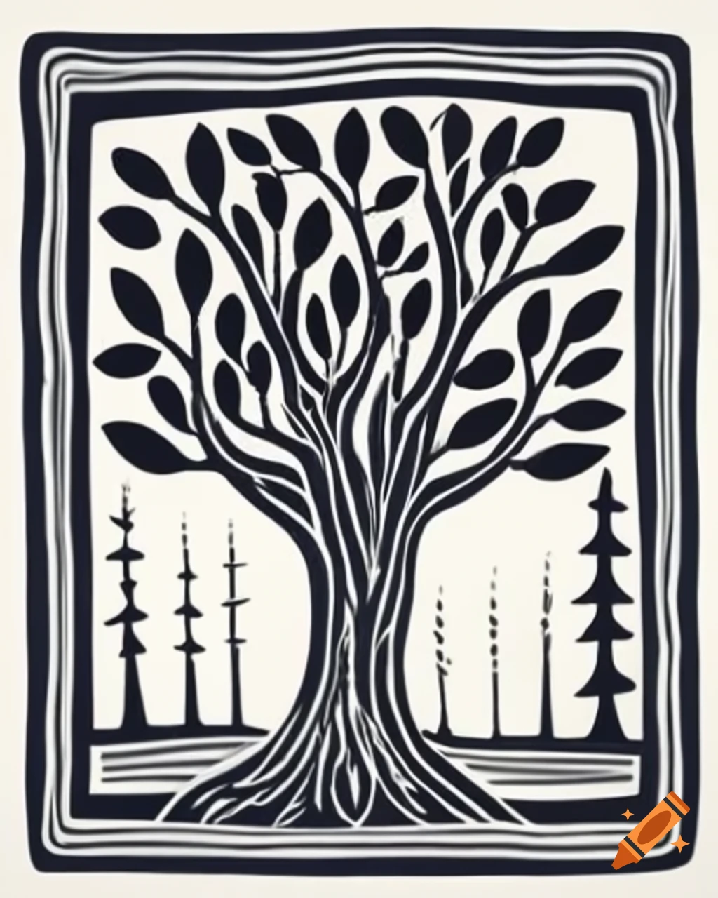 Stylized linocut artwork of trees on Craiyon