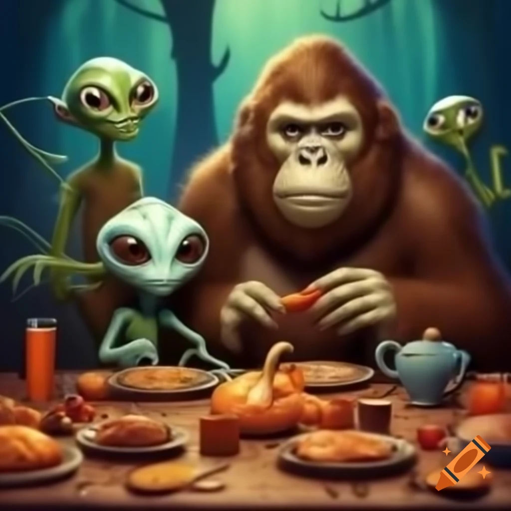 Aliens and Bigfoot celebrating Thanksgiving together on Craiyon