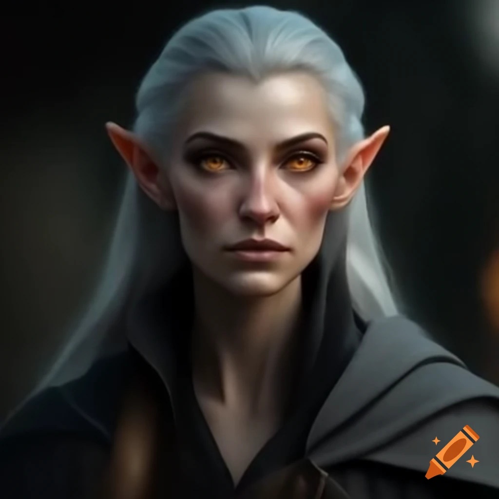 Realistic female elf servant with silver hair and sharp amber eyes in ...