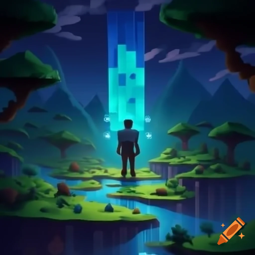 Wireframe man in glowing blue lights within vibrant voxel world on Craiyon