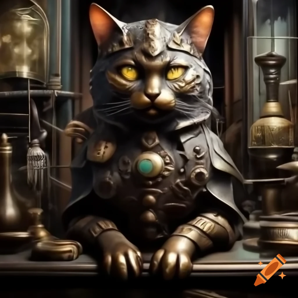 Steampunk cat with clockwork details and gemstone eyes in antique shop ...