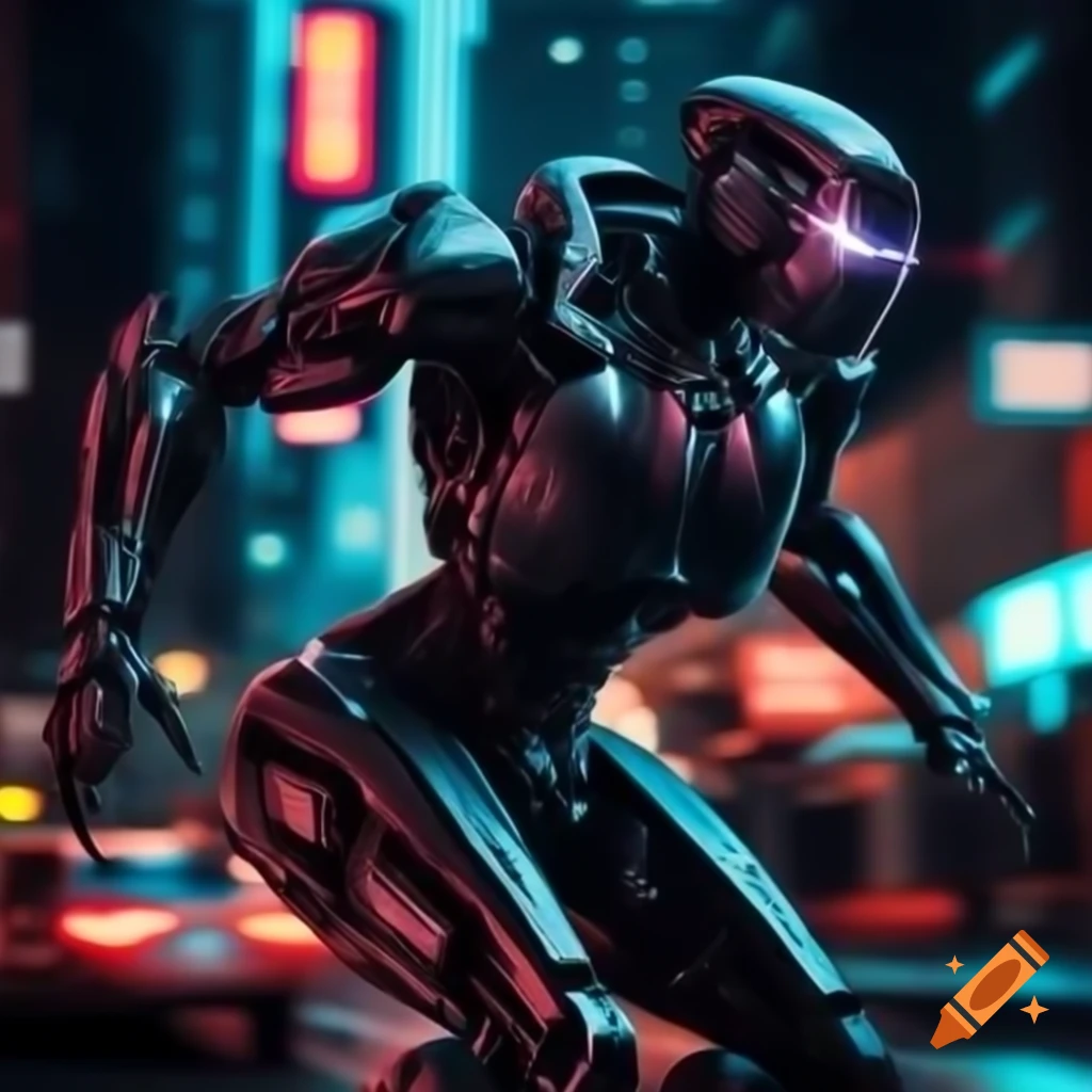 Midnight-black cyborg performing acrobatics in a vibrant neon cityscape ...