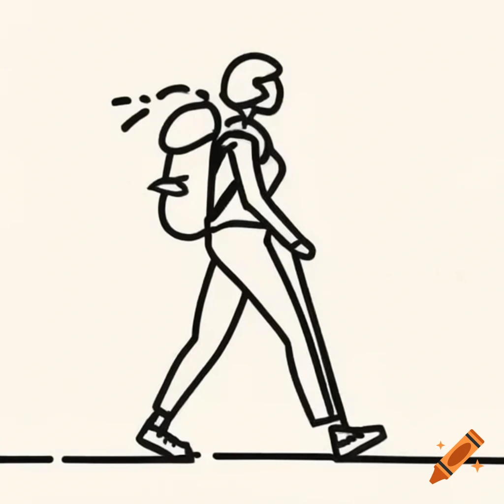 Simple one line drawing of a female hiker with backpack and cane on Craiyon