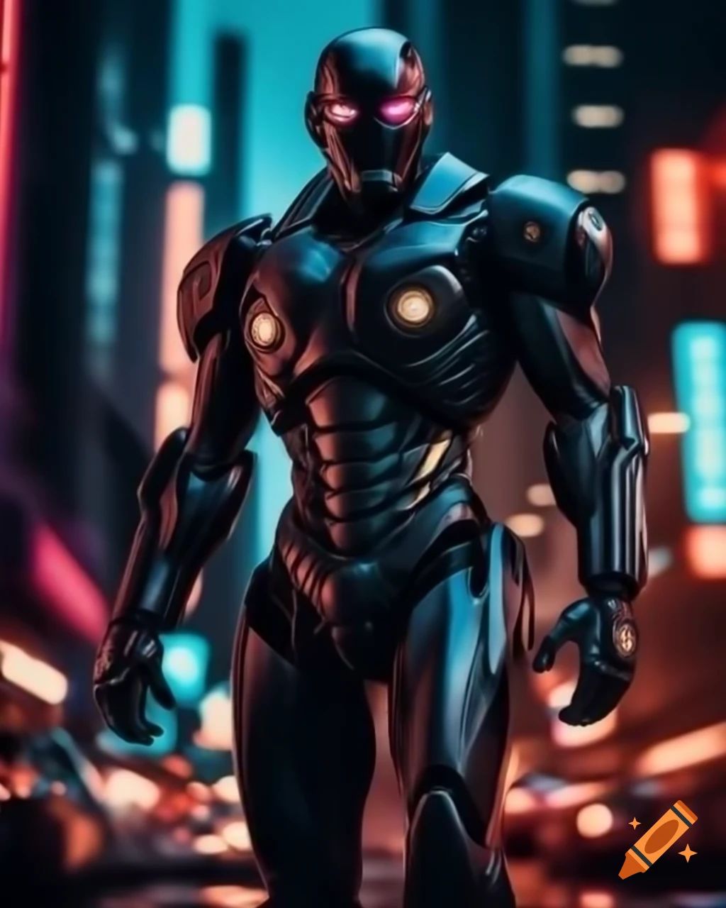 Midnight-black cyborg performing acrobatic feat in a vibrant neon ...