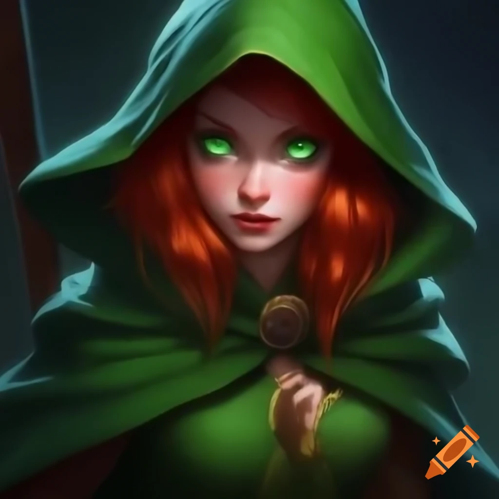 Redhead high elf woman with green eyes in emerald cloak holding staff on Craiyon