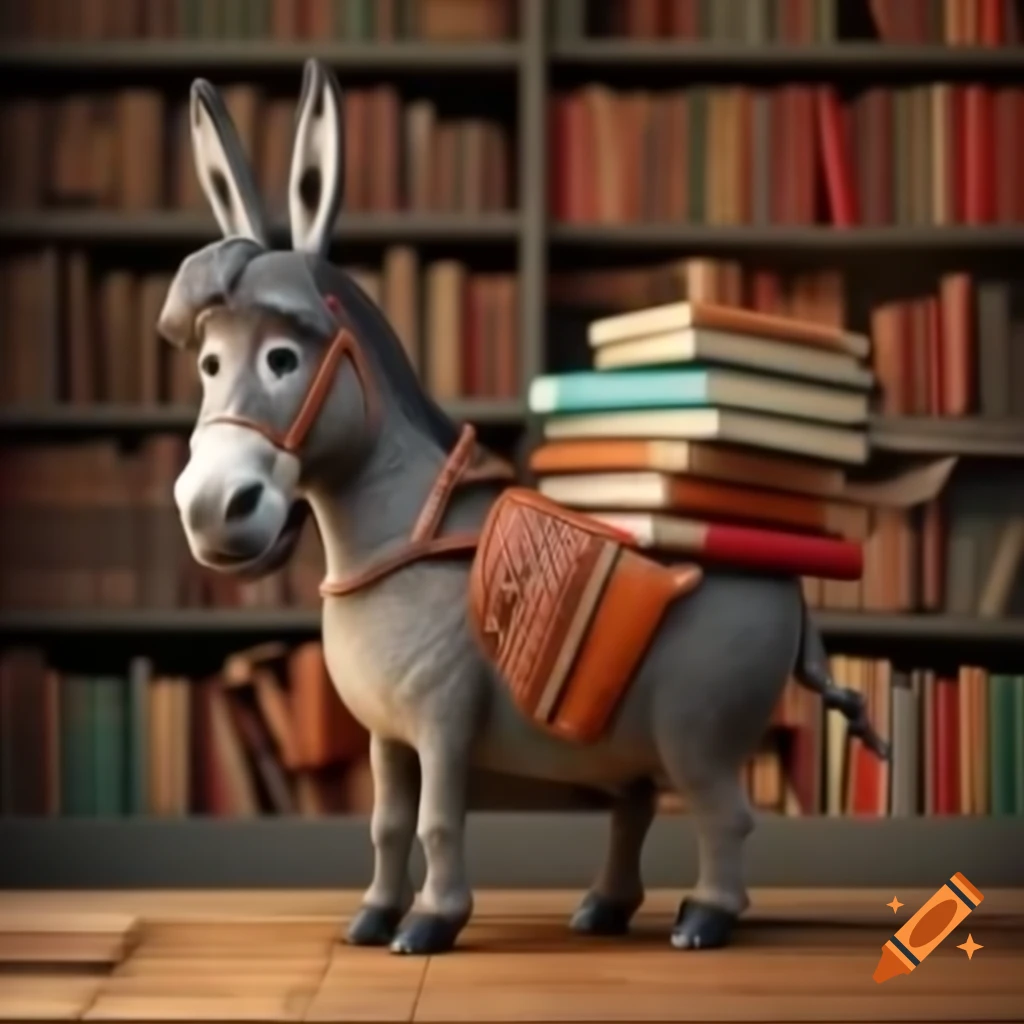 Donkey carrying a stack of books on Craiyon