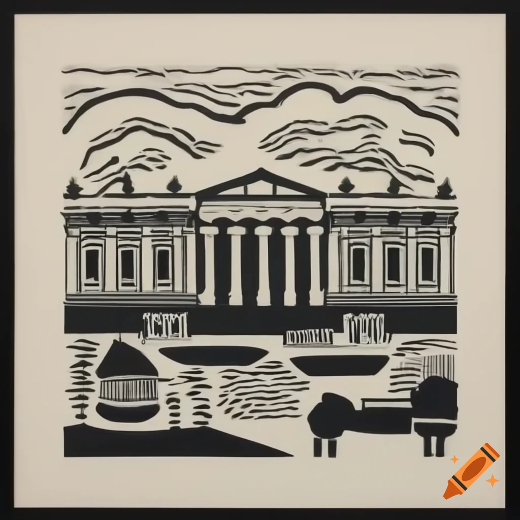 Linocut artwork of the palace of farmers in kazan, showcasing columns ...