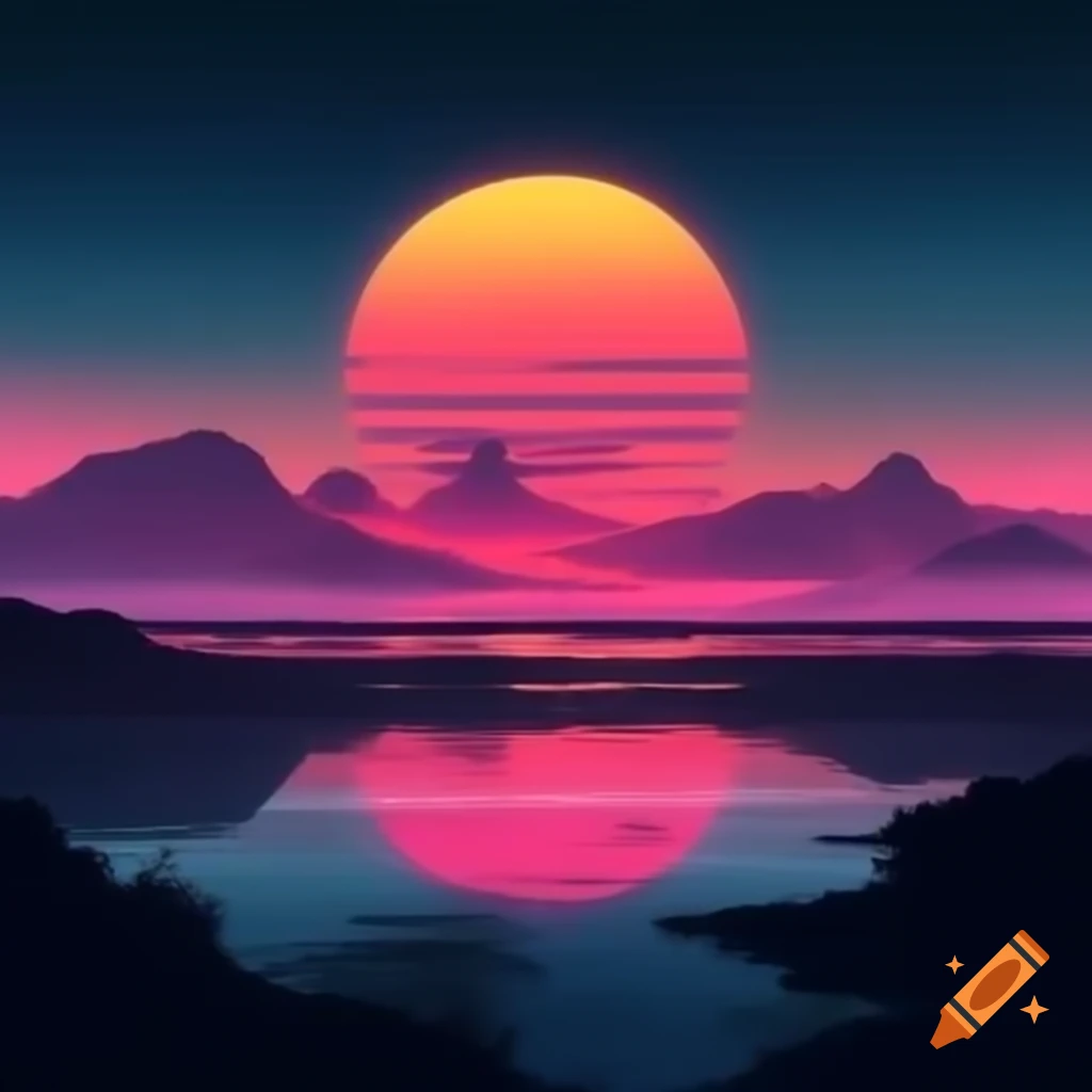 Synthwave sunset reflecting on chrome minimalist structure with VHS scanlines on Craiyon