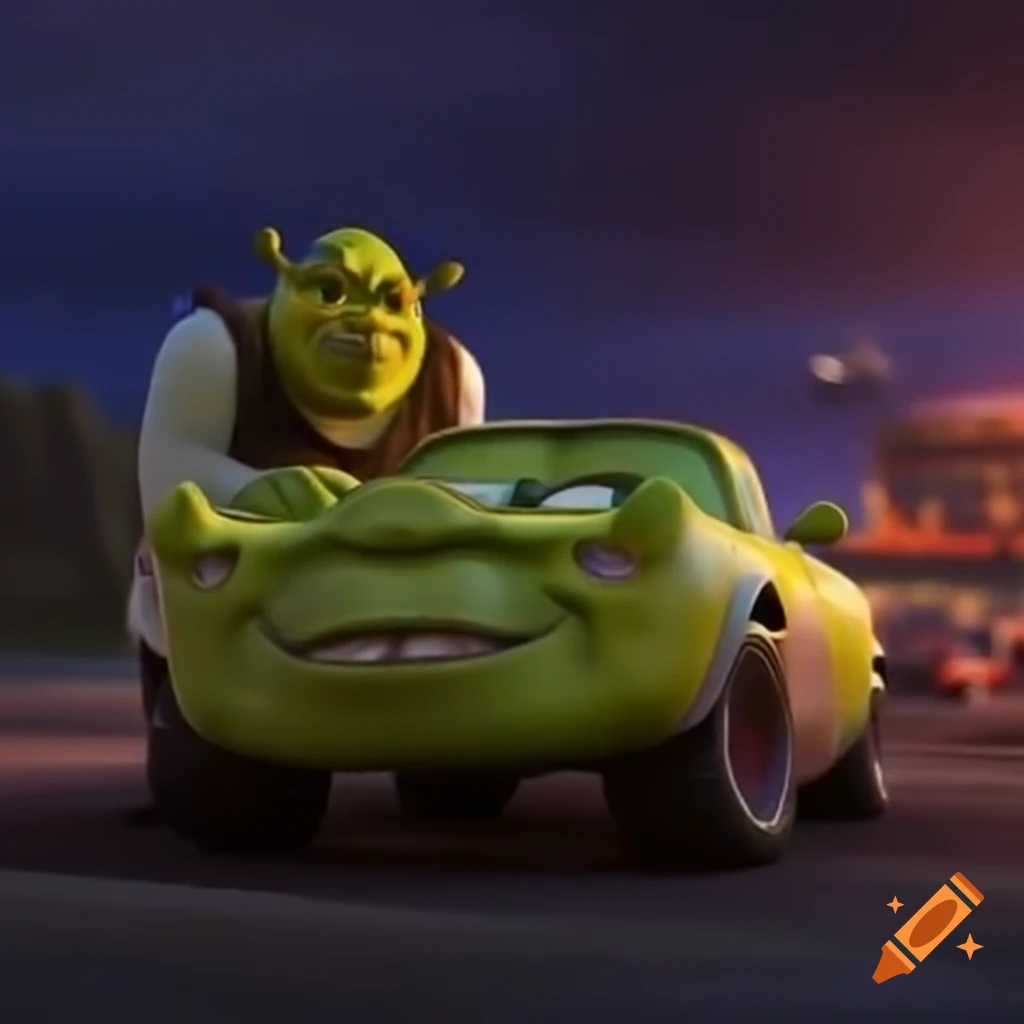 Shrek interacting with lightning mcqueen in a humorous scene on Craiyon