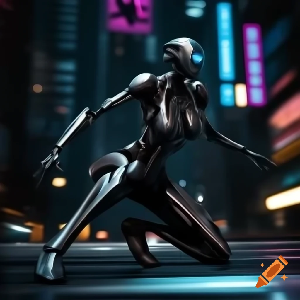 Midnight-black cyborg performing acrobatic feat in neon cityscape on ...