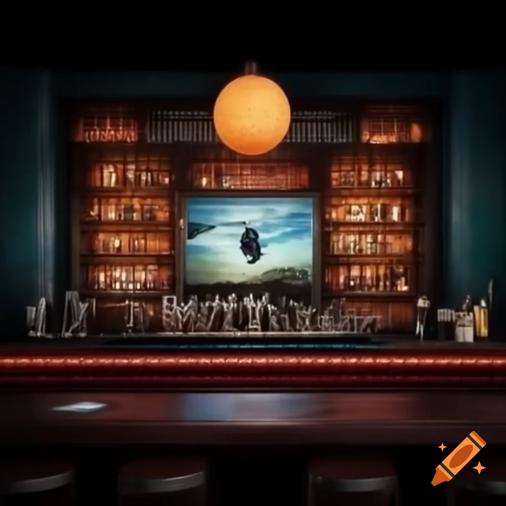 HD realistic cocktail bar setting with stage and sign "MARS IN THEIR ...