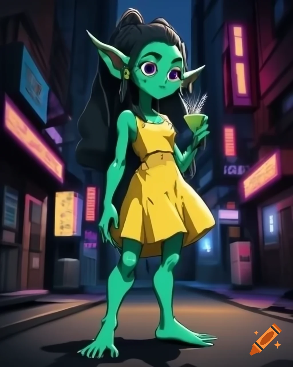Anime goblin girl in yellow cocktail dress posing under neon lights in ...