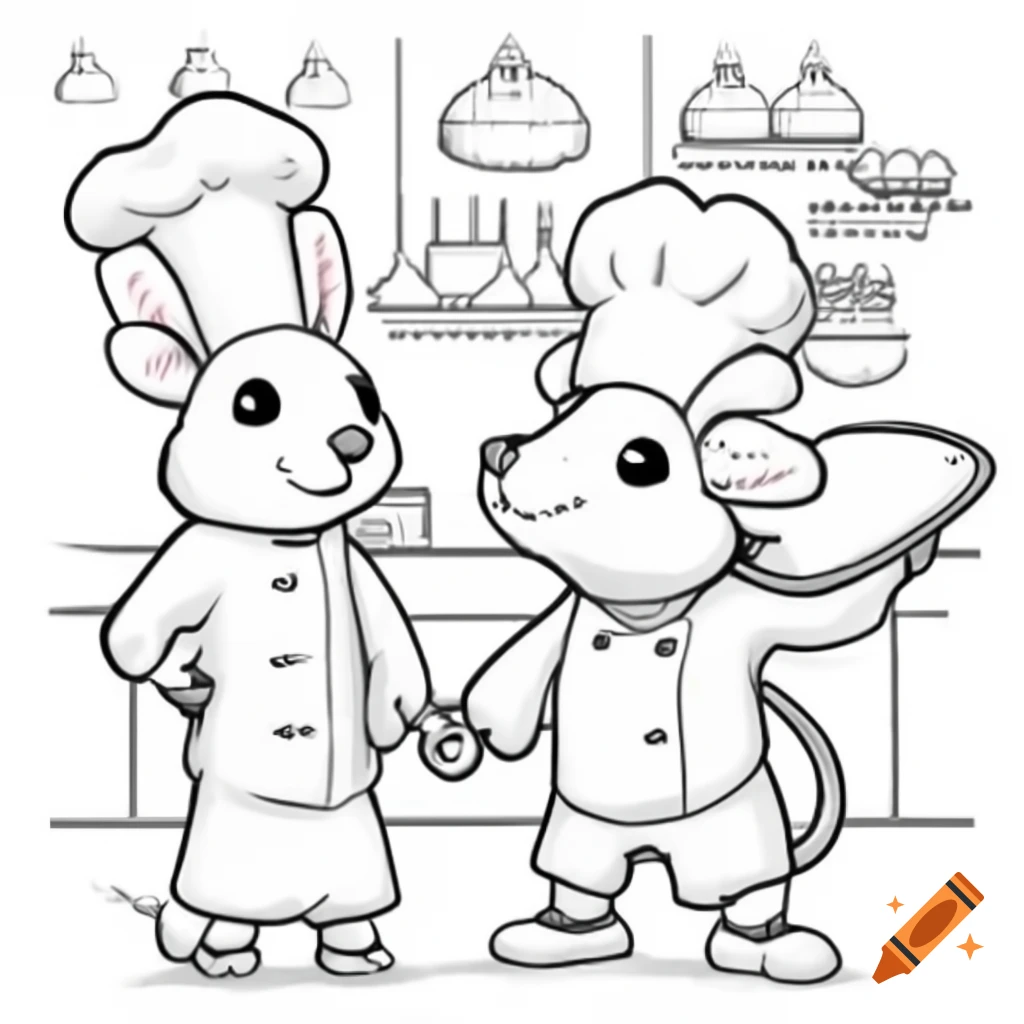 Cartoon sketch of chef mouse and bunny sous-chef in professional ...