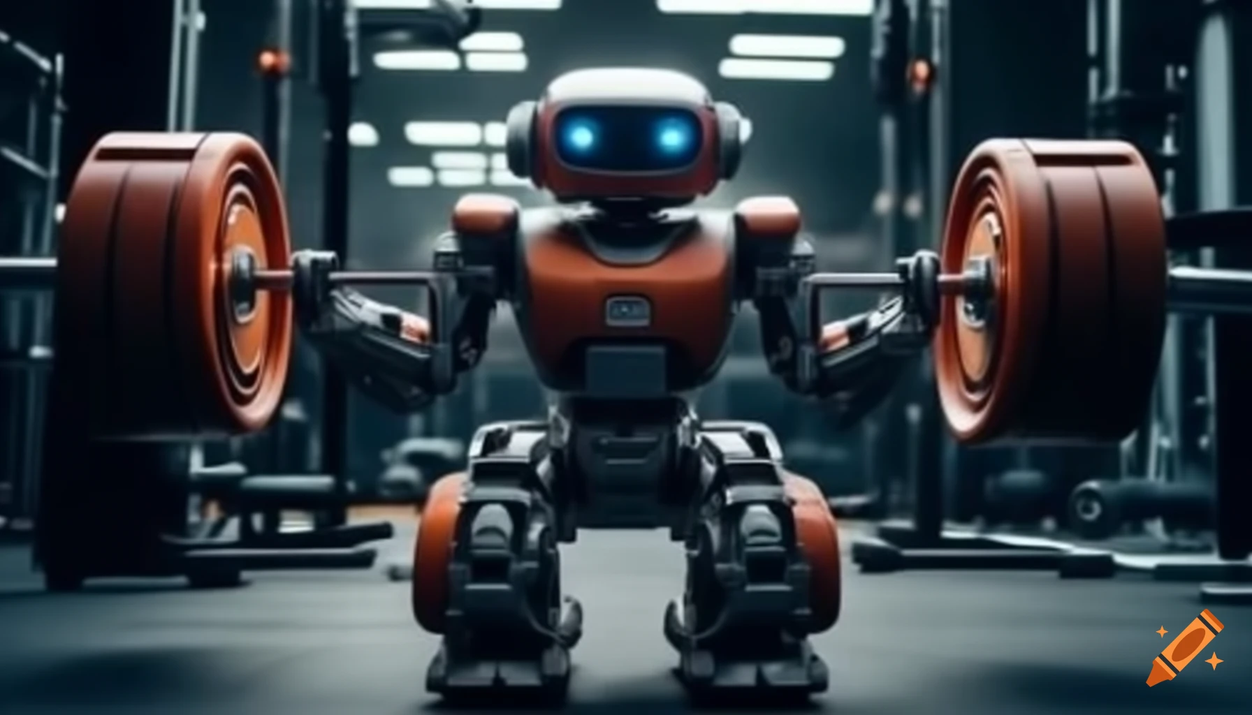 Young robot lifting weights in gym setting on Craiyon