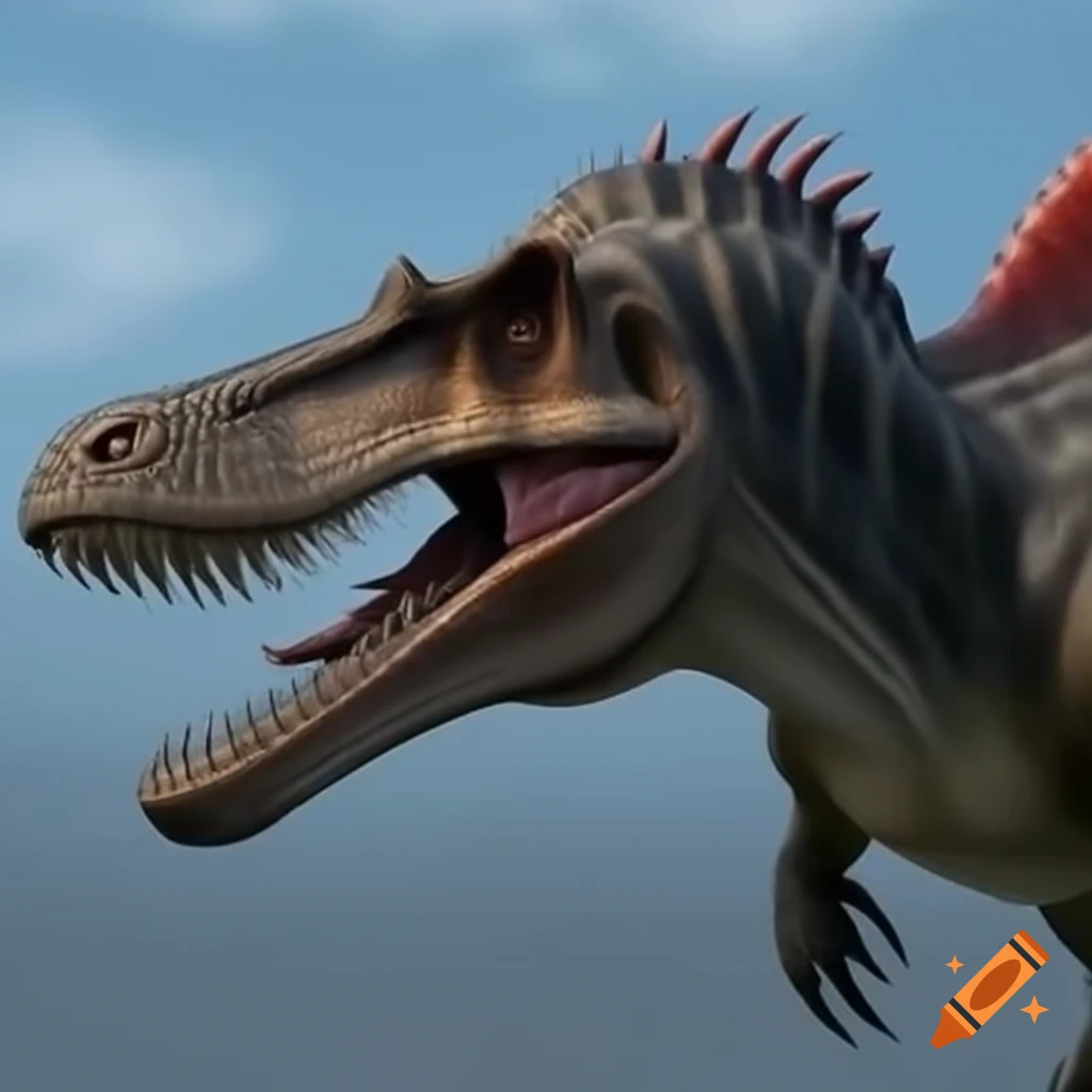 Spinosaurus with long snout, sharp teeth, and red sail on Craiyon