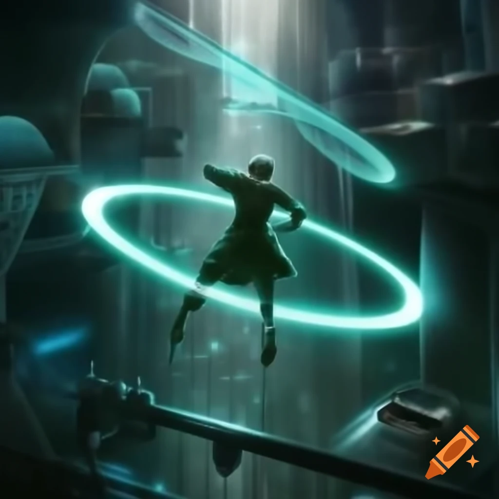 Figure using grappling hook swinging through futuristic cityscape on ...