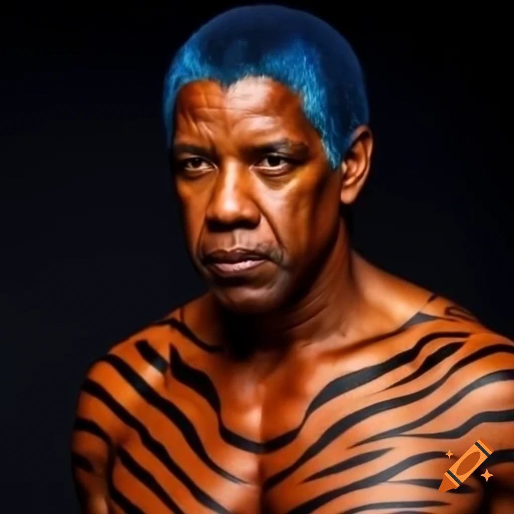 Muscular man with tiger-style makeup and striking colors on Craiyon