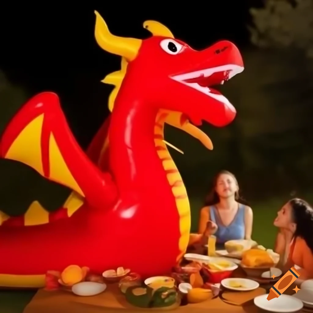 Red inflatable dragon decoration at Thanksgiving dinner on Craiyon