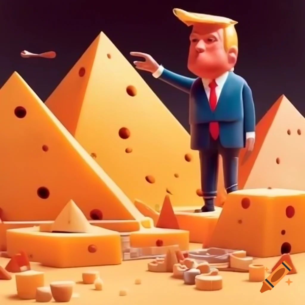 Whimsical scene of Donald Trump building cheese pyramids on Craiyon