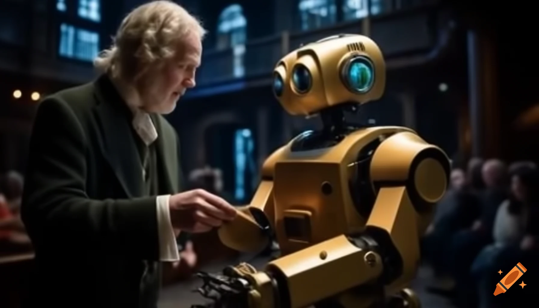 Friendly robot interacting with shakespeare's hamlet text on Craiyon