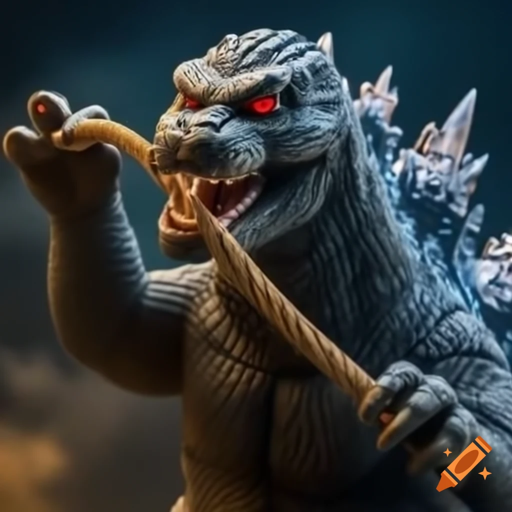 Godzilla playfully engaging with giant rope toy, showing delight on Craiyon