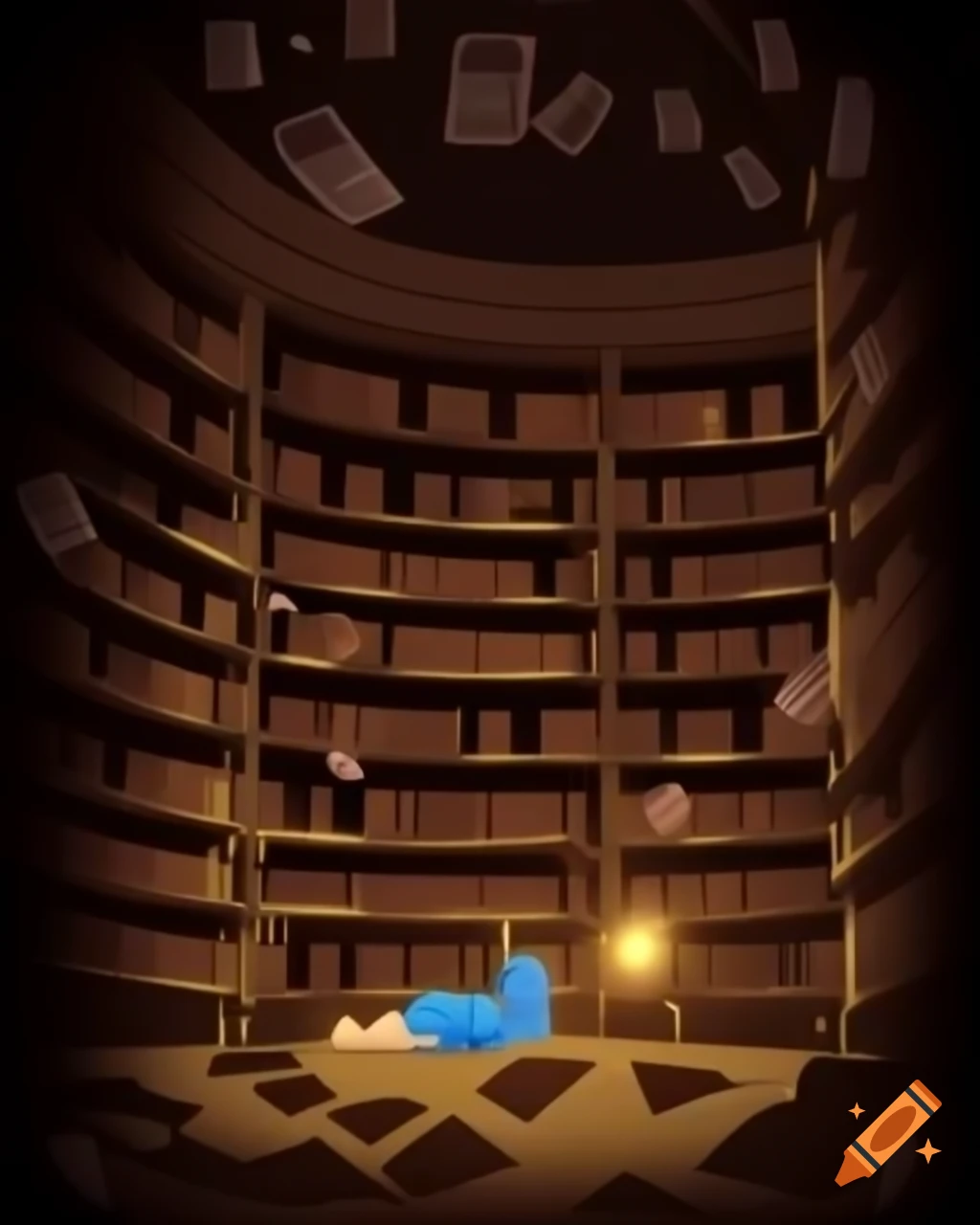 Crumbling underground library with glowing scrolls and magical glyphs ...