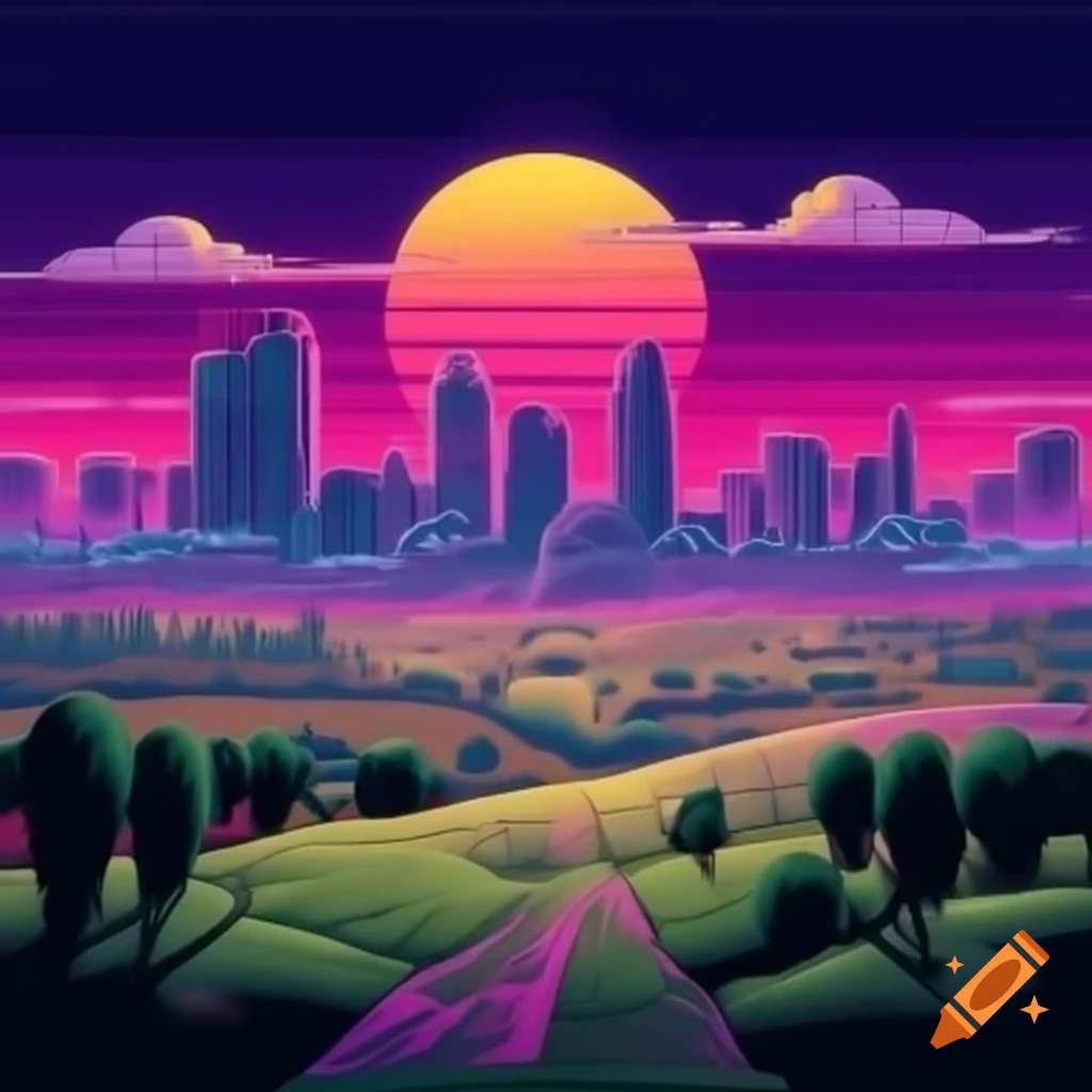 Vibrant 90s-inspired vaporwave cartoon of Glastonbury Tor with city ...