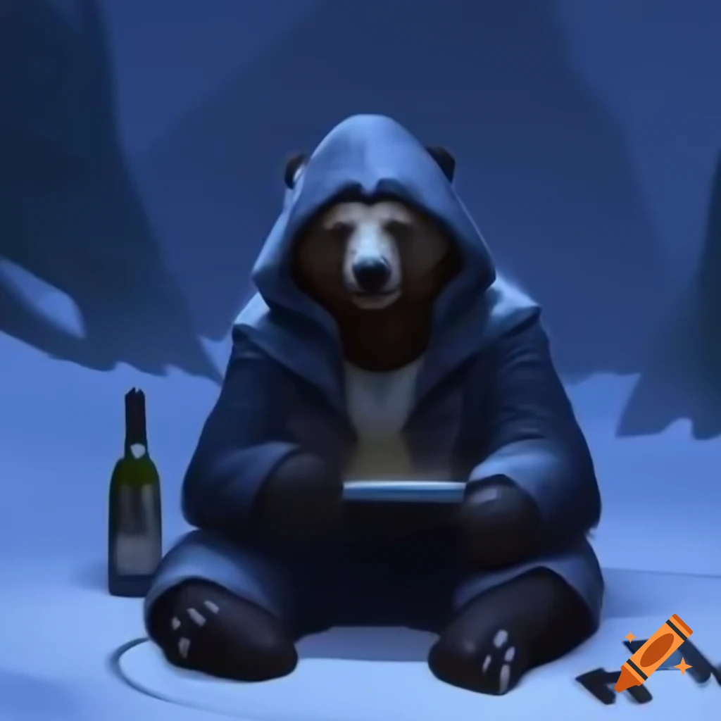 Grizzly bear at pc disguised as hacker with wine bottle in snowy ...