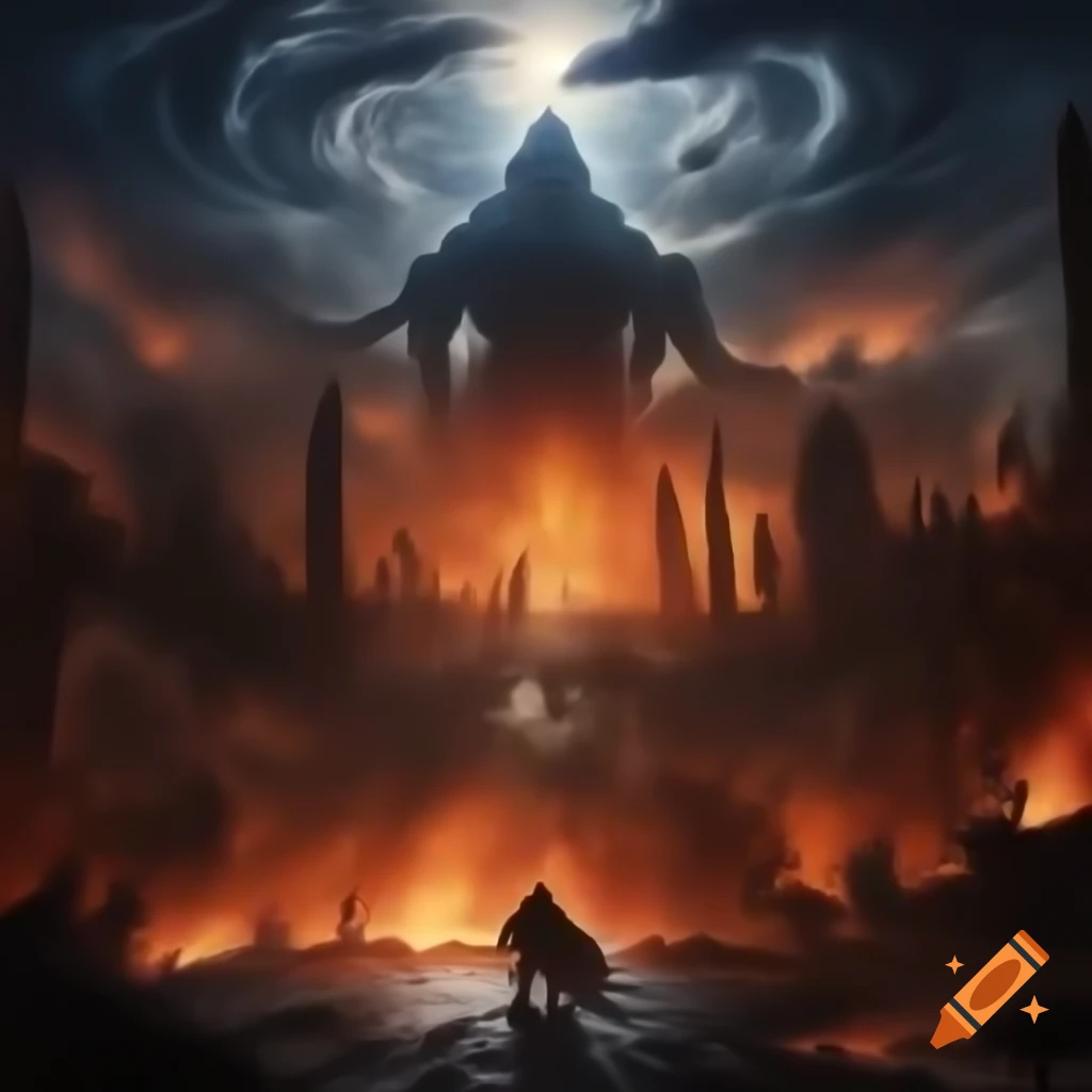 Crumbling city on fiery cliff with celestial flame and stormy sky on ...