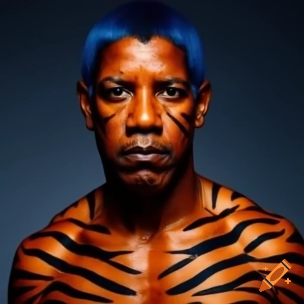Muscular man with tiger-style makeup and vibrant colors on Craiyon