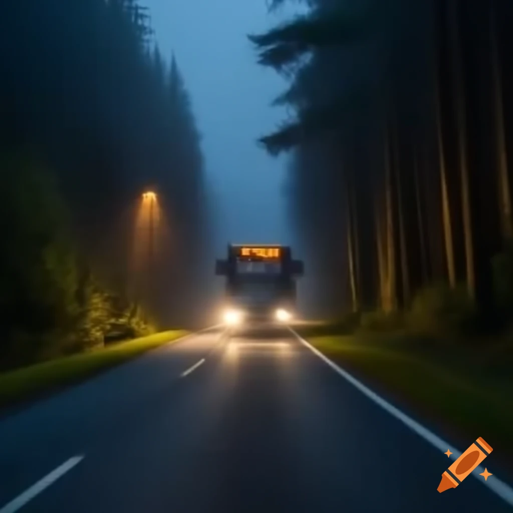 Bus driving through foggy forest road at night on Craiyon