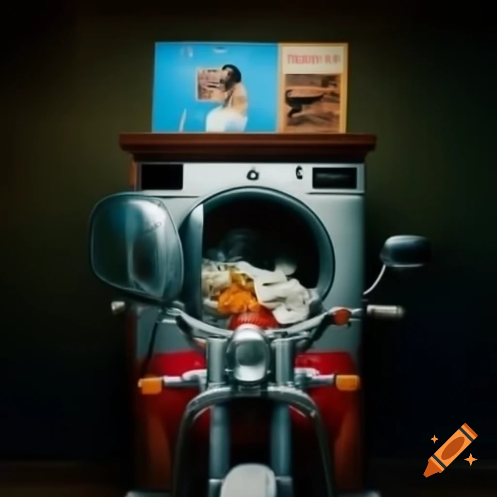 Washing machine on motorbike for laundry delivery service advertisement on Craiyon
