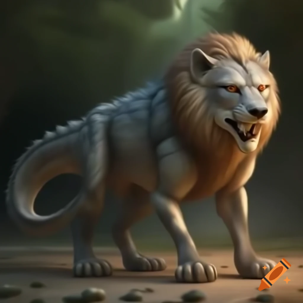 Hybrid creature with wolf head, lion mane, cheetah body, and crocodile tail on Craiyon
