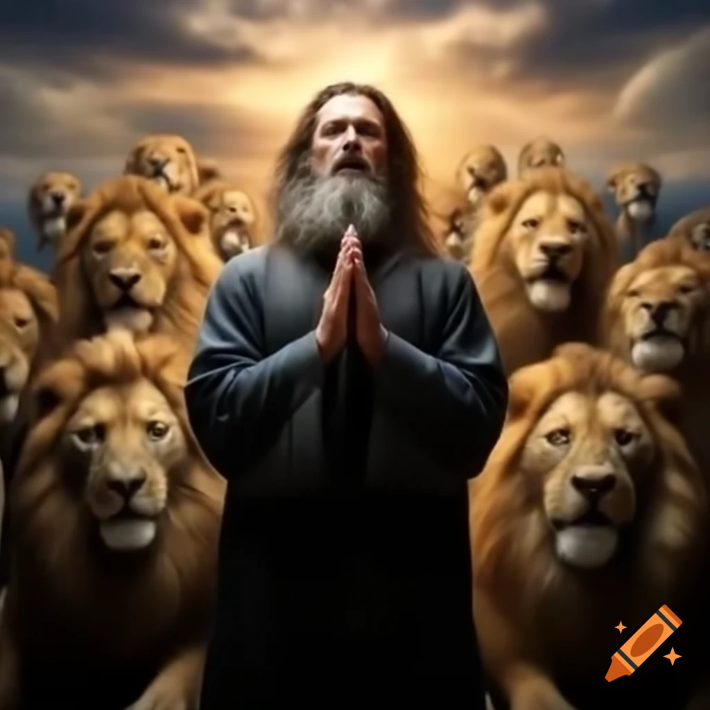 Man praying with hand raised, surrounded by angry lions on Craiyon